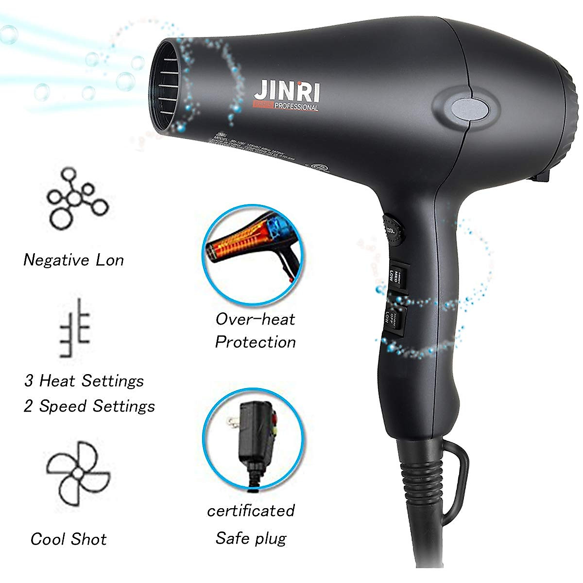 Hair Dryer, 1875W Blow Dryer, Ionic Hair Dryers with Diffuser and Concentrator Attachment, Fast Dry Light Weight Low Noise Hairdryer