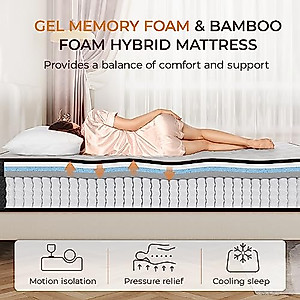 Sweetnight Queen Size Mattress in a Box - 10 Inch Pillow Top Queen Mattress, Bamboo and Gel Memory Foam Hybrid Mattress with Individually Pocketed Springs for Support & Comfort Sleep, Siesta,Black