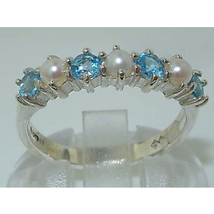 LetsBuyGold 925 Sterling Silver Cultured Pearl & Blue Topaz Womans Eternity Band Ring - Size 10