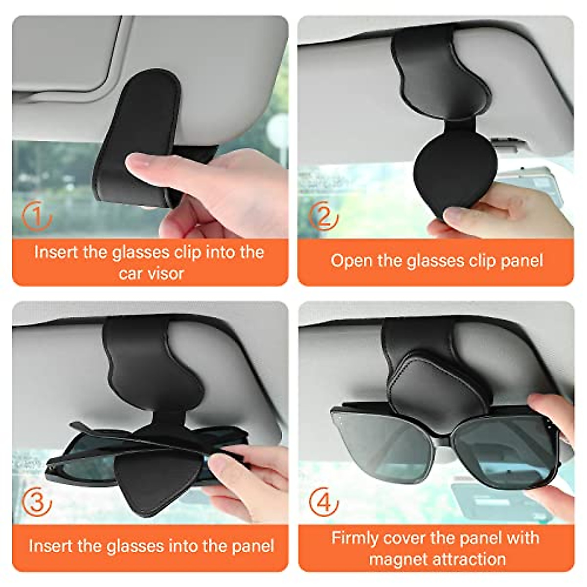 Rhino Valley Sunglasses Holders for Car Sun Visor, 2 Pack Car Glasses Holder Clip Organizer Eyeglasses Mount with Card Clip for Car Sun Visor Magnetic Adsorption Leather Glasses Hanger, Black