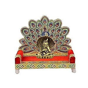Laddu Gopal Meenakari Singhasan for Pooja Mandir,Peacock Swing Jhula for Idol Wooden Meenakari Singhasan Laddu Gopal Sinhasan for Pooja Mandir (Small Size)-(Golden, 15.5 x 10.5 x 15 cm)