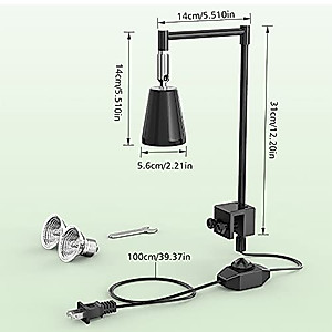 SILICAR Reptile Heat Lamp, UVA UVB Habitat Basking Lamp, Turtle Aquarium Tank Heating Lamp with Clamp, 360° Rotatable Adjustable Brightness Heating Light Metal Stand with 2 Heat Bulbs (E27, 50W)