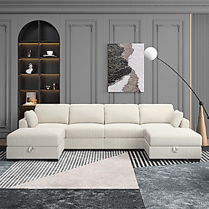 Nynsley 130 Inch Sectional Couches for Living Room,6 Seater Lounge Sofa with 2 Ottoman,Corduroy Cloud Couch with 6 Pillows,Oversized U Shaped Modular Sectional Sofa for Apartment Office Hotel Beige