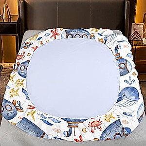 JIJIWANG Submarine Ocean Queen Flat Sheet Sets Kids with 2 Pillowshames Fish Conch Starfish Print Ocean Fitted Sheet Sets Boys Girls Sealife Bedding Sheets Soft Polyester