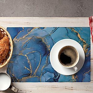 Blue Gold Marble Faux Leather Placemats Set of 4 Washable Non-Slip Heat Resistant 12×18 Inchdecorative Linen Fabric Table Vintage Mat for Party Kitchen Dining