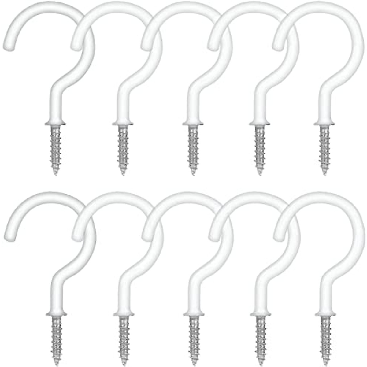 QEZEZA 10 Packs of Vinyl Coated Ceiling Hooks, Plant Hooks, Kitchen Hooks, Hanging Hooks, Kitchen Hooks for Indoor and Outdoor use, 2.9-inch Silver Spiral Hooks, (White)