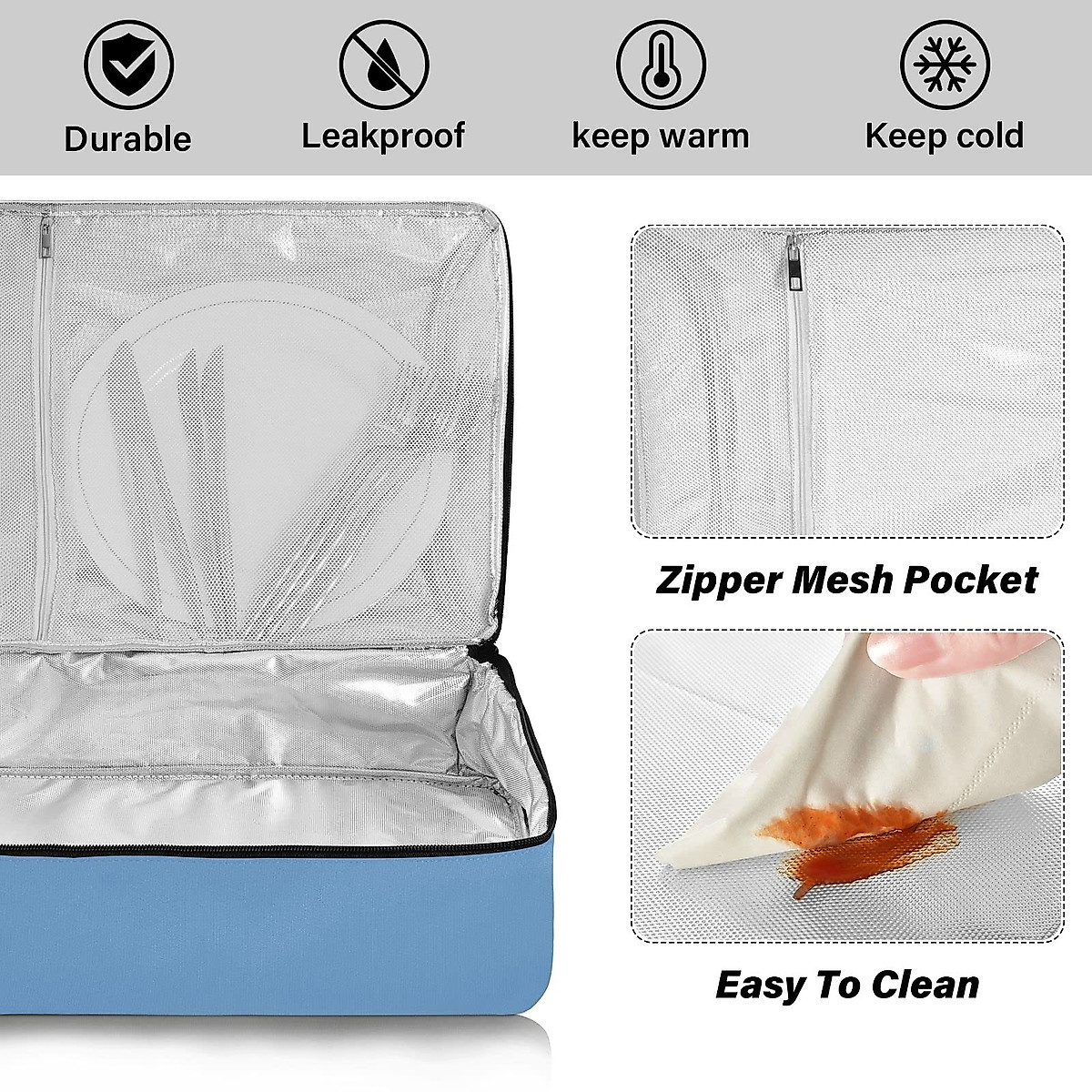 Kigai Plain Blue Gray Solid Color Double Insulated Casserole Carrier For Hot or Cold Food, Expandable Hot Food Carrier Bag, Insulated Food Bag for Parties, Beach, Picnic, Camping