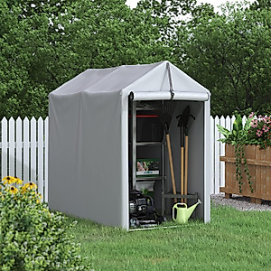 Greesum Outdoor Storage Shed 6 x 3 x 5 ft Canopy Portable Shelter Heavy Duty Carport with Roll-up Zipper Door for Bike, Motorcycle, Garden Storage, Waterproof and UV Resistant, Silver