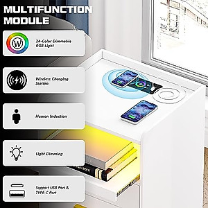 Gurexl RGB Nightstand with Wireless Charging Station, Auto Sensor LED 24 Color Dimmable Night Stand for Bedroom, Modern Bedside Table with 3 Drawers