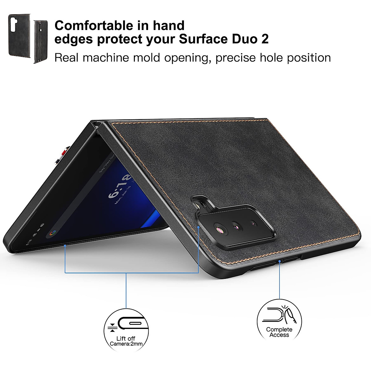 Foluu for Microsoft Surface Duo 2 Case, Surface Duo 2 Leather Case with Hand Strap, [Slim & Lightweight] PU Leather Back Cover Hard PC Holder Protective Phone Case for Microsoft Surface Duo 2 (Black)