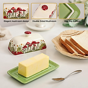 Fungi Fun Mushroom Butter Dish With Lid For Countertop Ceramic Butterdish, Red Mushroom Butter Container, Butter Tray Large Butter Dish Covered (White, Standard)