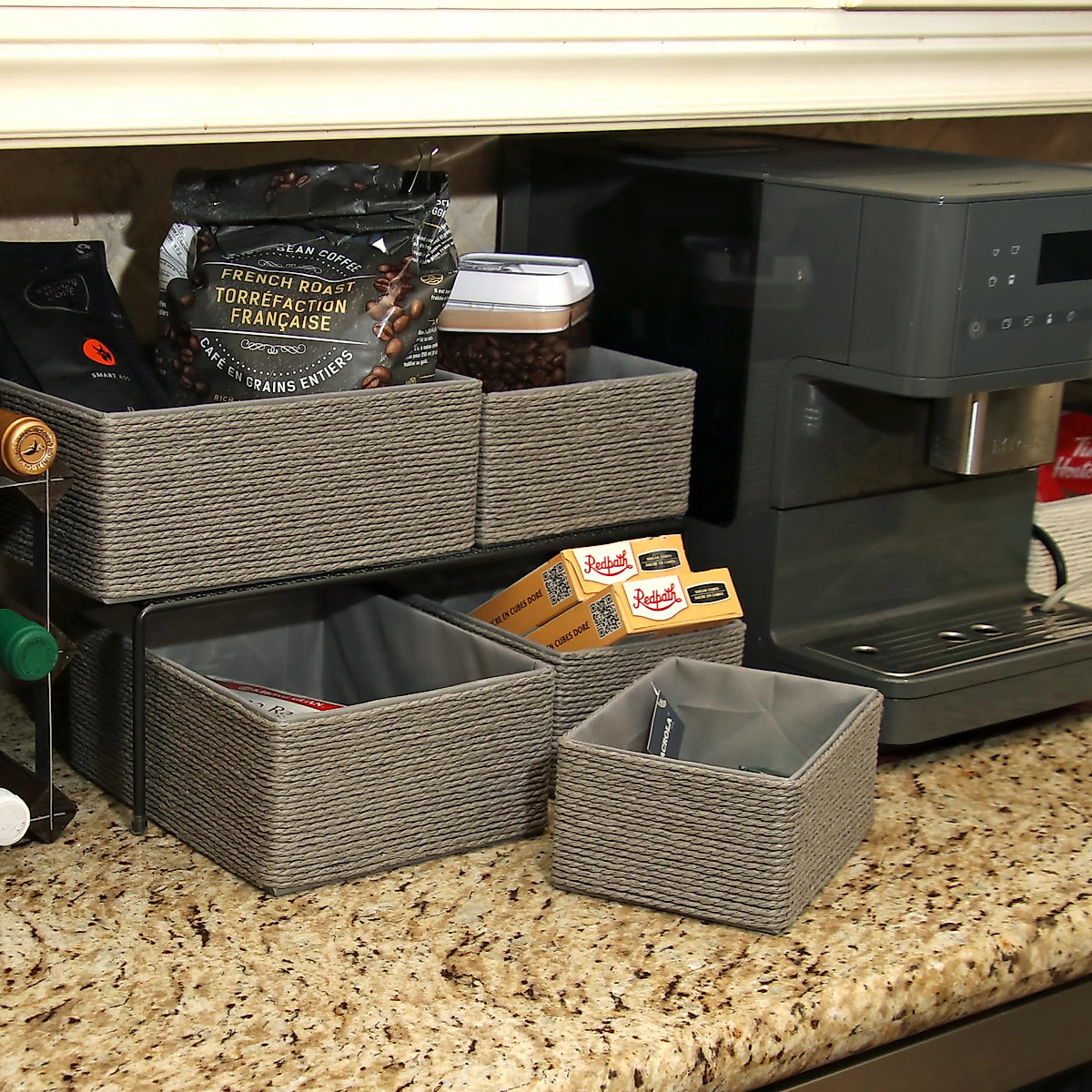 Acrola Premium 5-Pack Woven Paper Rope Storage Baskets, Multi-Size, Stackable, Versatile Organziers, Decorative Bins with Durable Fabric Liner for Home, Office, Nursery, and Bathroom, ST05002 (Grey)