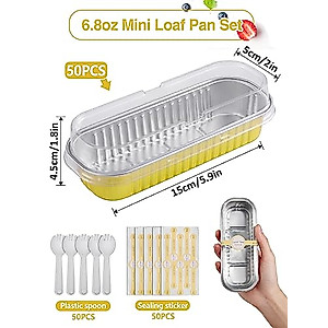 Bigmeta Mini Loaf Pans with Lids and Spoons- 50 Pack 6.8oz Aluminum Bread Cupcake Pie Foil Pans with Sealing Sticker, Rectangle Disposable Cake Tins Brownie Baking Cups for Picnics Party- Gold