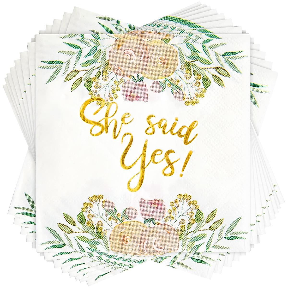 Sparkle and Bash 50 Pack Gold Foil She Said Yes Napkins for Engagement Party Supplies, Bridal Shower Decorations, Luncheon, Wedding Decor, Disposable, 3-Ply (White, 5 x 5 Inches)