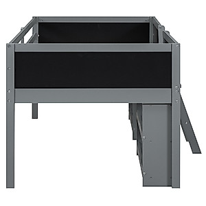 CITYLIGHT Low Loft Bed Twin with Two Movable Shelves and Ladder, Junior Loft Bed with Decorative Guardrail Chalkboard, Wood Kids Loft Bed for Girls Boys,Grey