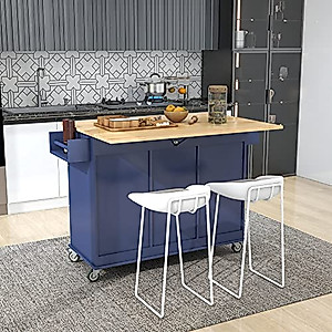 FEELLE Rolling Mobile Kitchen Island with Drop Leaf - Solid Wood Top, Locking Wheels & Storage Cabinet 52.7 Inch Width（Dark Blue）