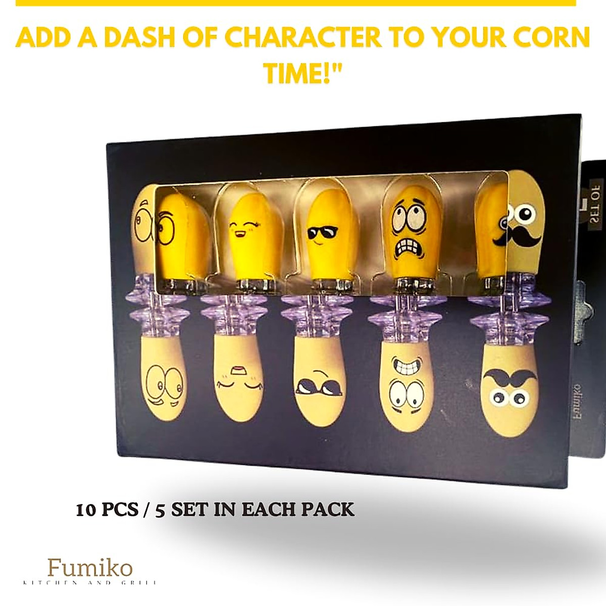 Fumiko's Unique Corn Holders for corn on the cob - 10 PCS/5 corn cob holders set, Fun Faces, interlocking corn holder set making your corn on the cob experience even more entertaining