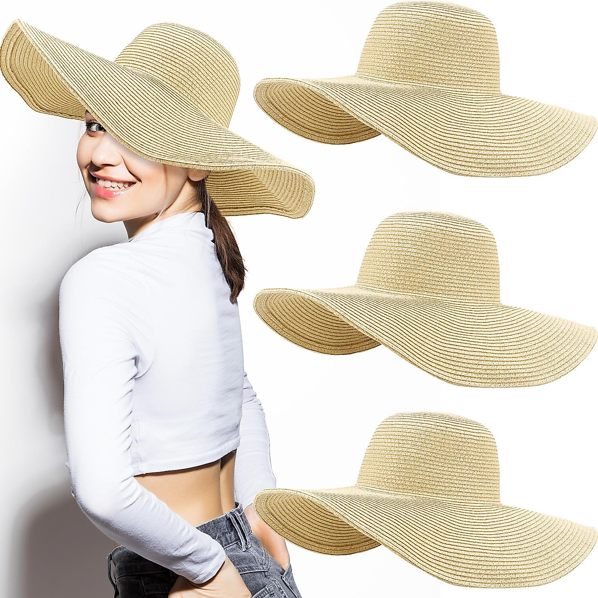 Sintuff 4 Pcs Women's Wide Brim Straw Hats Big Floppy Foldable Roll up Cap Beach Sun Hat UPF 50+ for Summer(Beige, Simple)