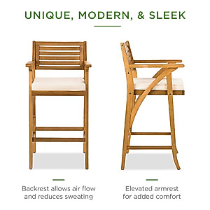 Best Choice Products Set of 2 Outdoor Acacia Wood Bar Stools Bar Chairs for Patio, Pool, Garden w/Weather-Resistant Cushions - Teak Finish