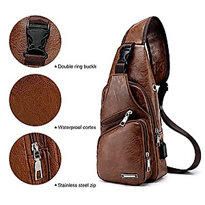 ESLETO Men's Sling Bag Chest Shoulder Backpack Waterproof Crossbody Bag with USB Charging Port for Travel Hiking (Brown)