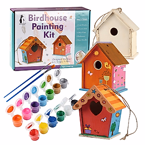 DIY Bird House Kit for Kids, Build Your Own Bird House Kit for Children, Includes 3 Unfinished Birdhouses to Paint and Build, Ropes, 12 Paints, Glitter Paint, and 2 Brushes, Arts and Craft Kids Set