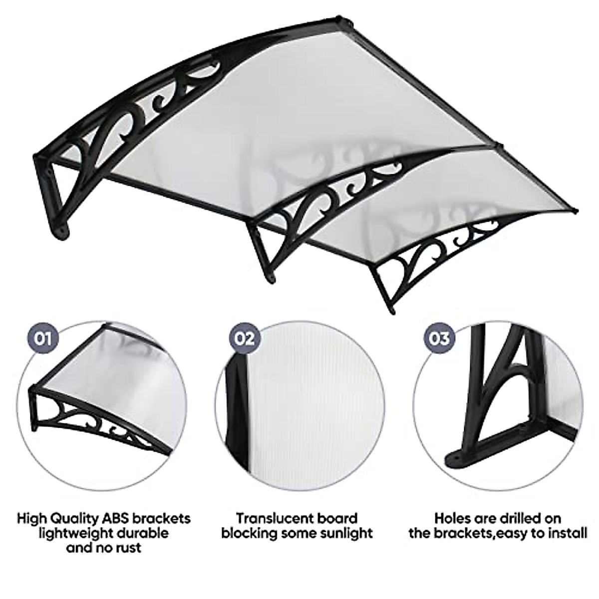 ZENY 40"x 80" Window Awning Canopy Overhead Door Awning Polycarbonate Cover Front Door Outdoor Patio Canopy Cover Sun Shetter,UV,Rain Snow Protection Hollow Sheet