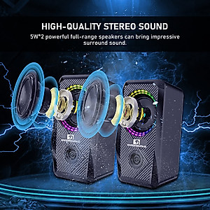 MANBASNAKE Computer Speakers RGB Gaming Speakers with 2.0 Wired USB Powered Stereo Volume Control,6 LED Modes,Dual Channel Multimedia AUX 3.5mm for PC Laptop Desktop Monitors(Black)