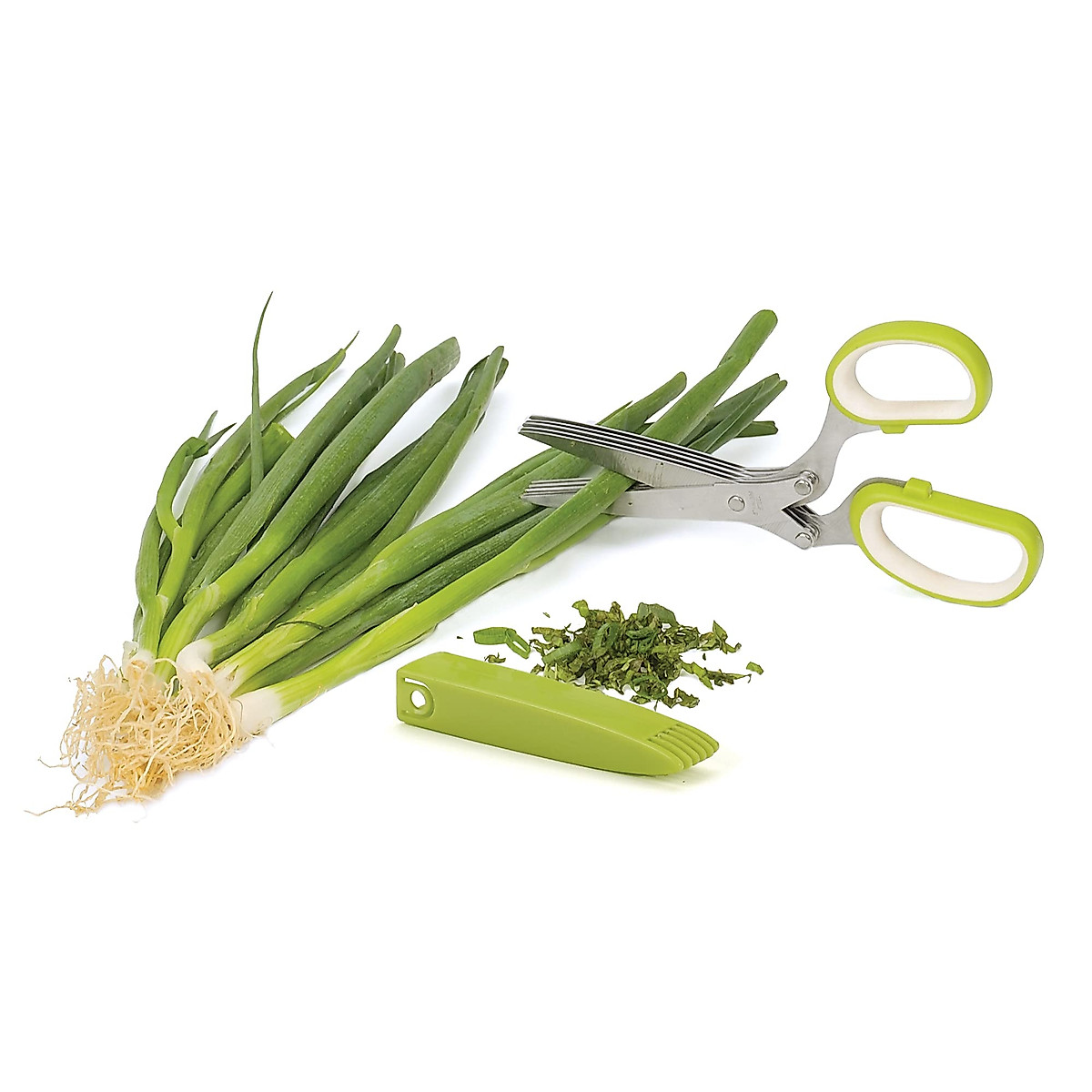 RSVP International (SNIP) Stainless Steel 5 Blade Herb Scissors, Green/White | Cut, Chop, Mince & Snip Herbs | Easy & Safe to Store | Use with Basil, Thyme, Parsley & More | Dishwasher Safe