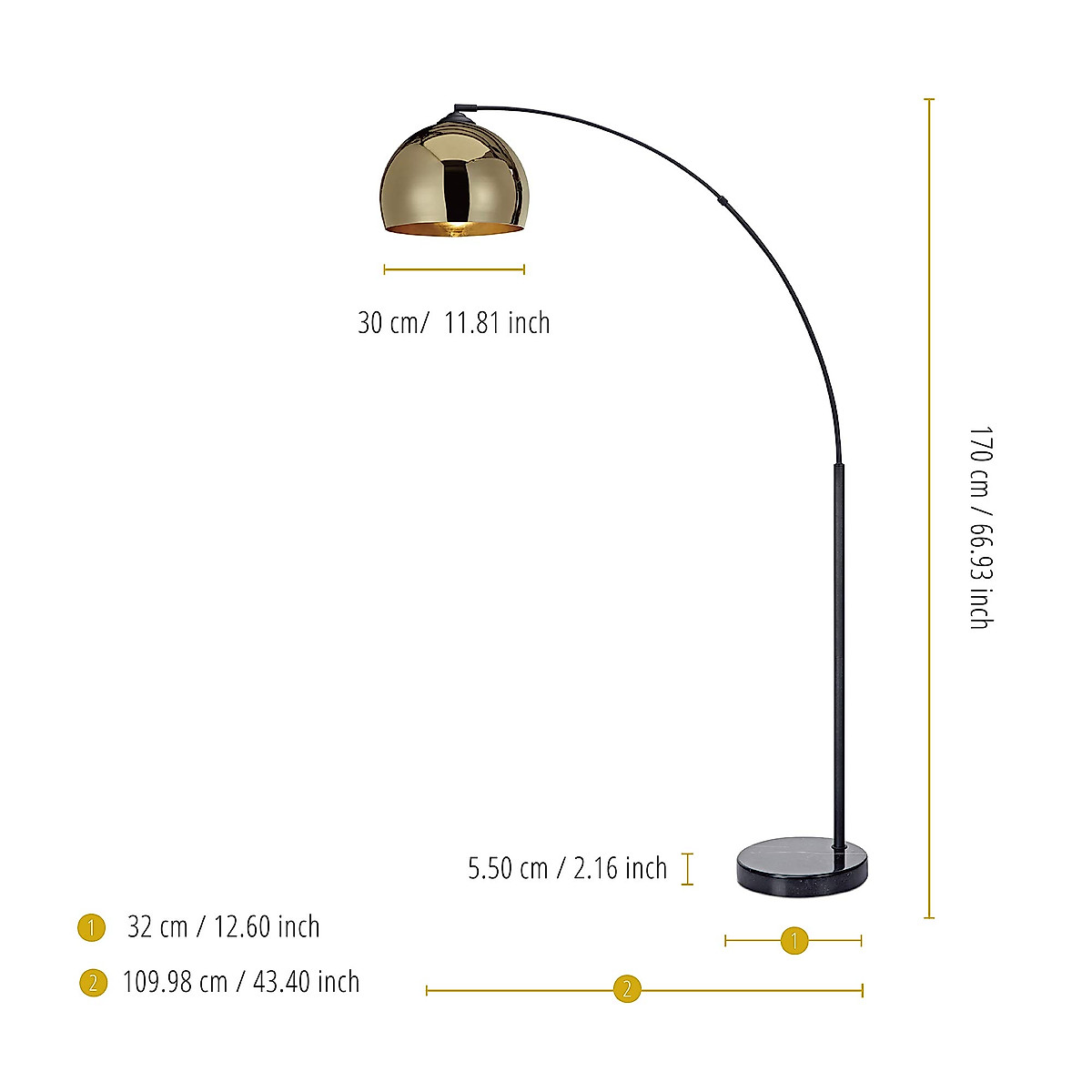 Teamson Home Arquer 66.93" Arc Floor Lamp for Living Rooms, Home Offices, Dining Rooms, Bedrooms with Faux Black Marble Base and Gold Bell Shade