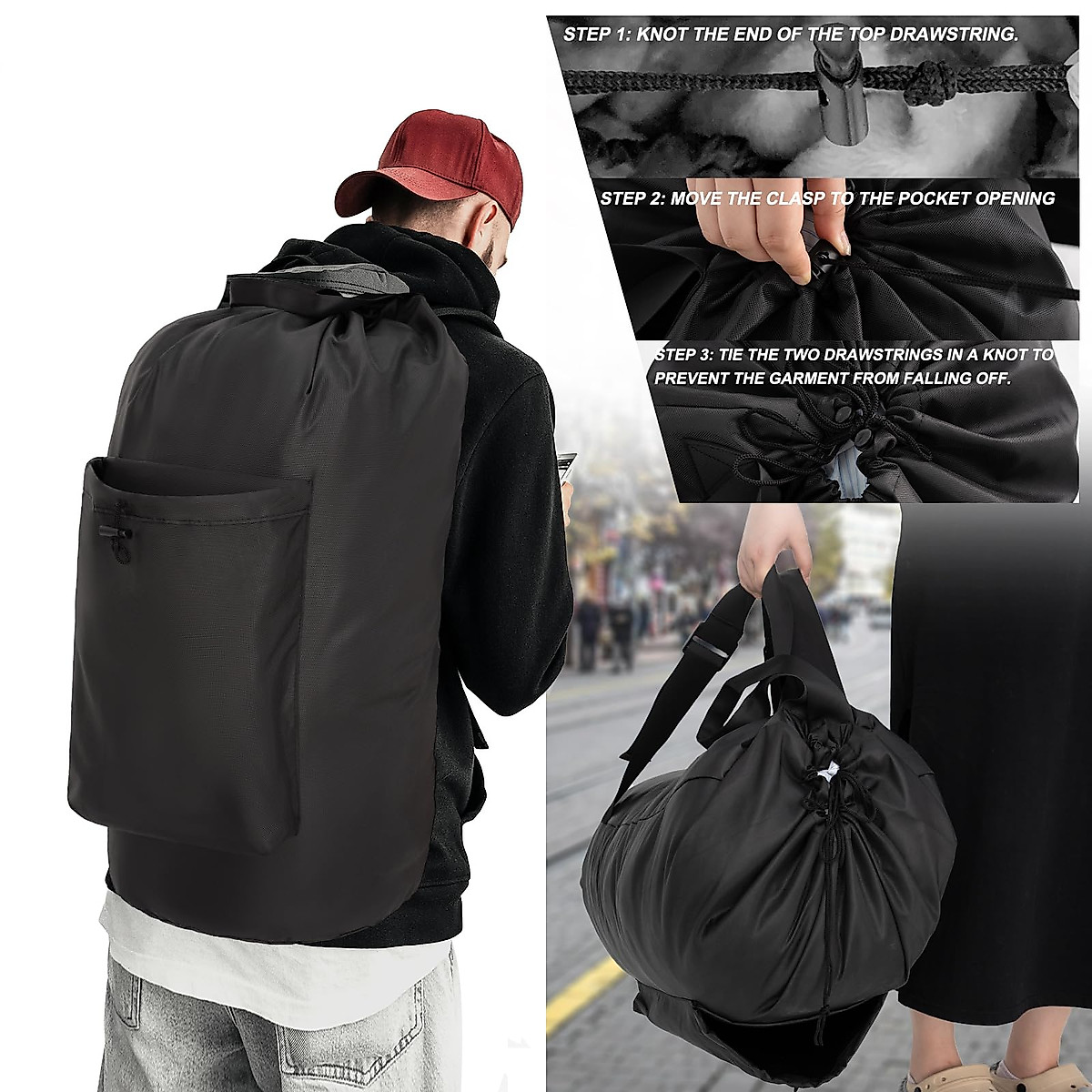 Laundry Bag Backpack, Sturdy 600D Oxford Laundry Bag Travel with Adjustable Shoulder Straps and Pocket Large Laundry Hamper Dirty Clothes Bag for College Students (Black)