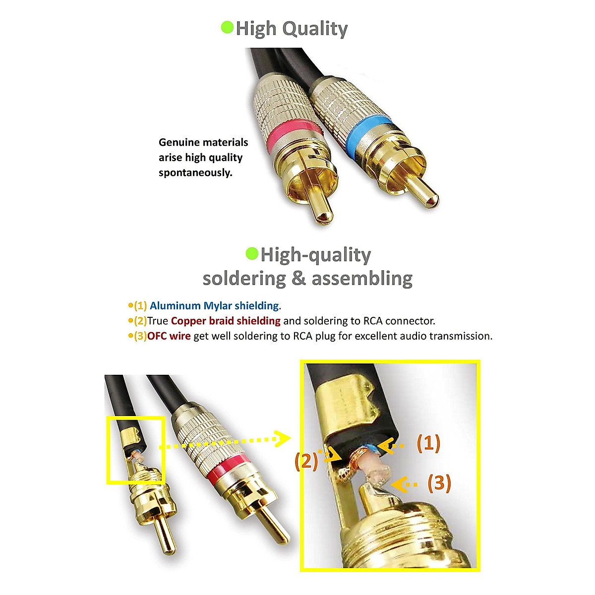 amber RCA to RCA Stereo Audio Cable, Analog, OFC, 24K Gold Plated. (2 m/ 6.5 ft)