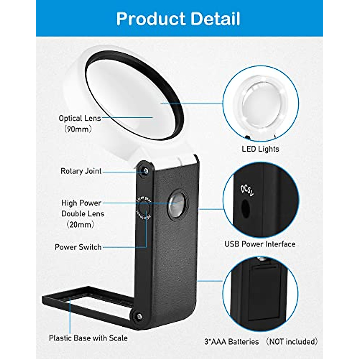 Wapodeai Magnifying Glass with Light, 6X 25X Magnifying Glass for Reading, Suitable for Reading, Jewellery, Crafts, Lnspection, Science, Seniors Read, Stamps, Map.