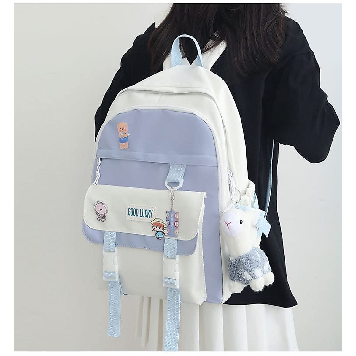 FORJMMP Aesthetic Backpack with Kawaii Accessories, Lightweight Casual Daypack for Women (White+Blue)