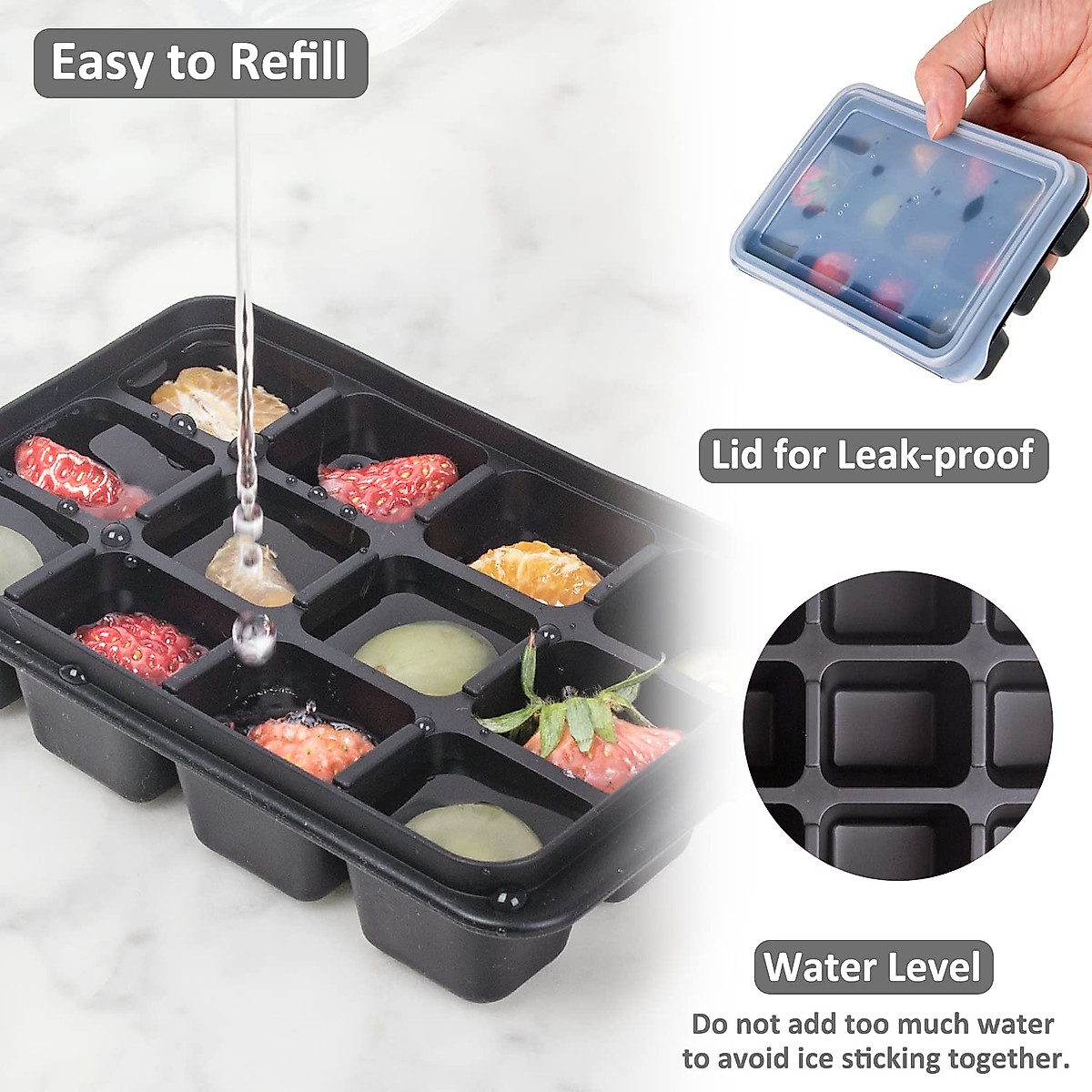 Silicone Ice Cube Trays with Lid for Freezer 3 Pack, Annaklin 12-Grid Easy Release Stackable Small Ice Trays Ice Cube Molds for Cocktail, Whiskey, Chocolate, Flexible & Removable Lids, BPA Free, Black