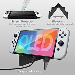 omarando TPU Case Cover Accessories Kit for Nintendo Switch (OLED model),Shoulder Bag for Switch,with Tempered Glass Screen Protector,Thumb Grip Caps .Mini travel playstand (Clear)