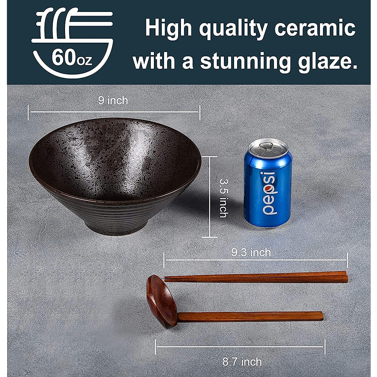 VERSAINSECT amic Japanese Ramen Bowl Set, Soup Bowls - 60 Ounce, with Matching Spoons and Chopsticks for Udon Soba Pho Asian Noodles, Set of 2, Black