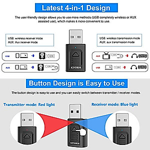 Bluetooth Receiver Transmitter, KINDRM 4in1 Mini USB Bluetooth 5.0 Audio Transmitter & Wireless Bluetooth 3.5mm Aux Adapter Receiver for Car/Home Stereo Headphones Speakers TV PC Projector CD (Black)