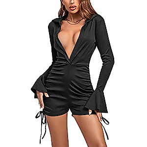 LYANER Women's Collar Low Cut Ruched Drawstring Sides Bell Long Sleeve Romper Short Jumpsuit Black# Large