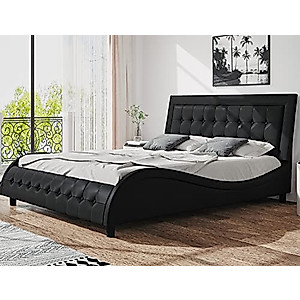 SHA CERLIN Queen Size Box-Tufted Platform Bed Frame/Faux Leather Upholstered Bed Frame with Adjustable Headboard/Wood Slat Support/Wave-Like Modern Bed/Low Profile/Black
