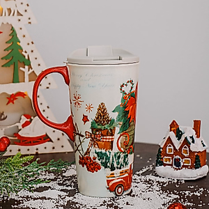 Coffee Ceramic Mug Xmas Mug Porcelain Latte Tea Cup With Lid in Box 17oz.,Christmas Truck Mug