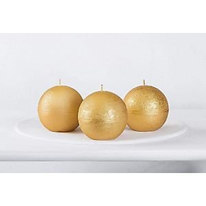Set of 3 Sphere Ball Candles 3" Unscented Handpoured for Weddings, Home Decoration, Church, Restaurant, Spa, Smokeless Cotton Wick - Gold