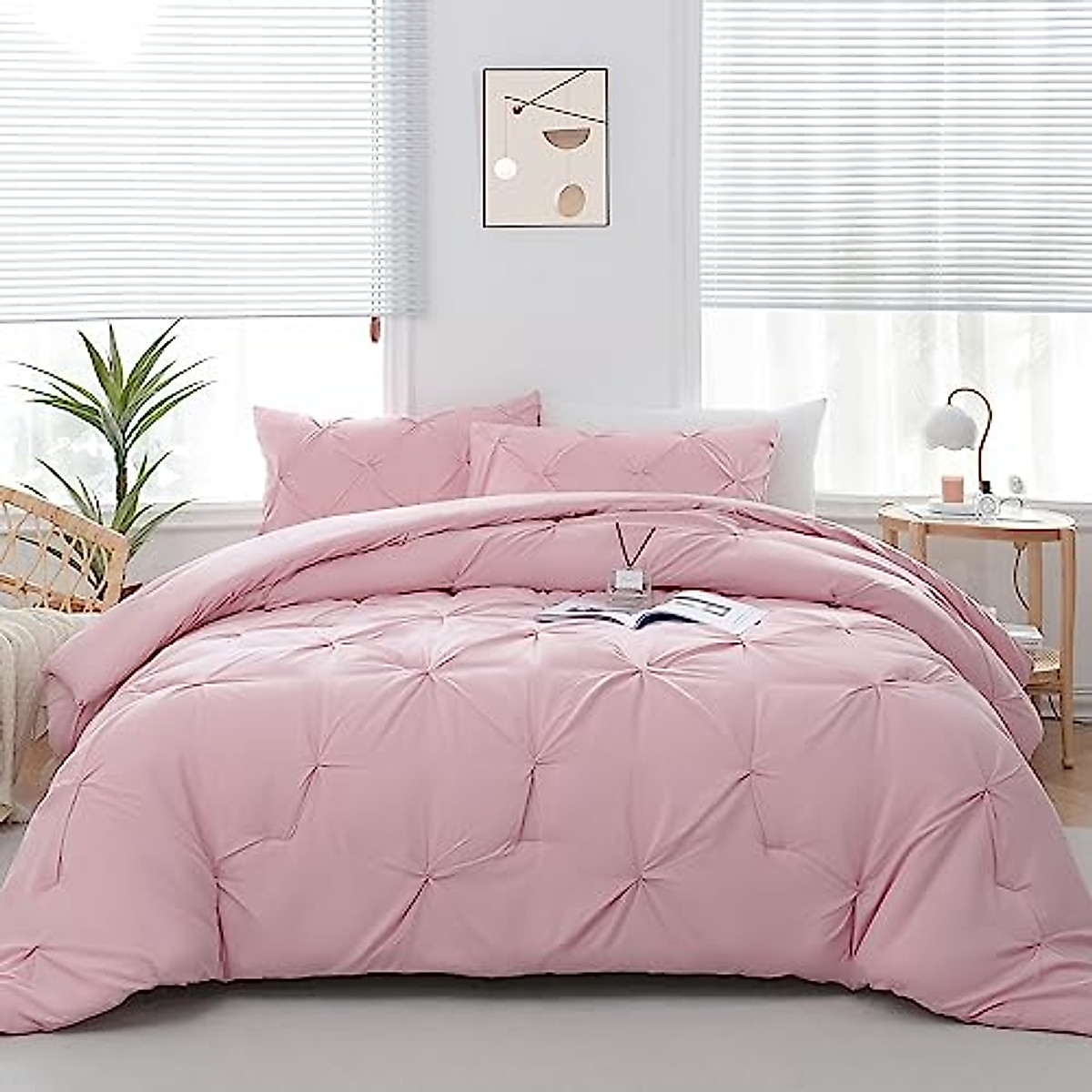 DOWNCOOL Twin Comforter Set - Pink Pintuck Bedding Comforter Sets, 2-Piece Twin Bed Set, 1 Soft Pinch Pleated Comforter and 1 Pillowcase, Down Alternative Bedding Comforters & Sets for All Season