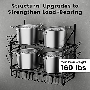 HOYRR Hanging Pot Rack Wall Mounted,30 Inch Wall Hanging Pot Rack,Pot Hangers for Kitchen Wall Mount,Pot And Pan Hanger Side Piece with 2 Pieces Pans Lids Organizer,Wall Pot Rack Hanging Rod+16 Hooks