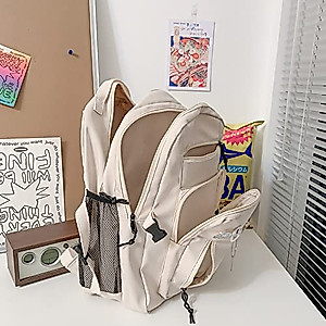 GAXOS Cute Aesthetic Backpack for School Middle Student Travel White Backpack Teens Girls Bear Pin Book Bags