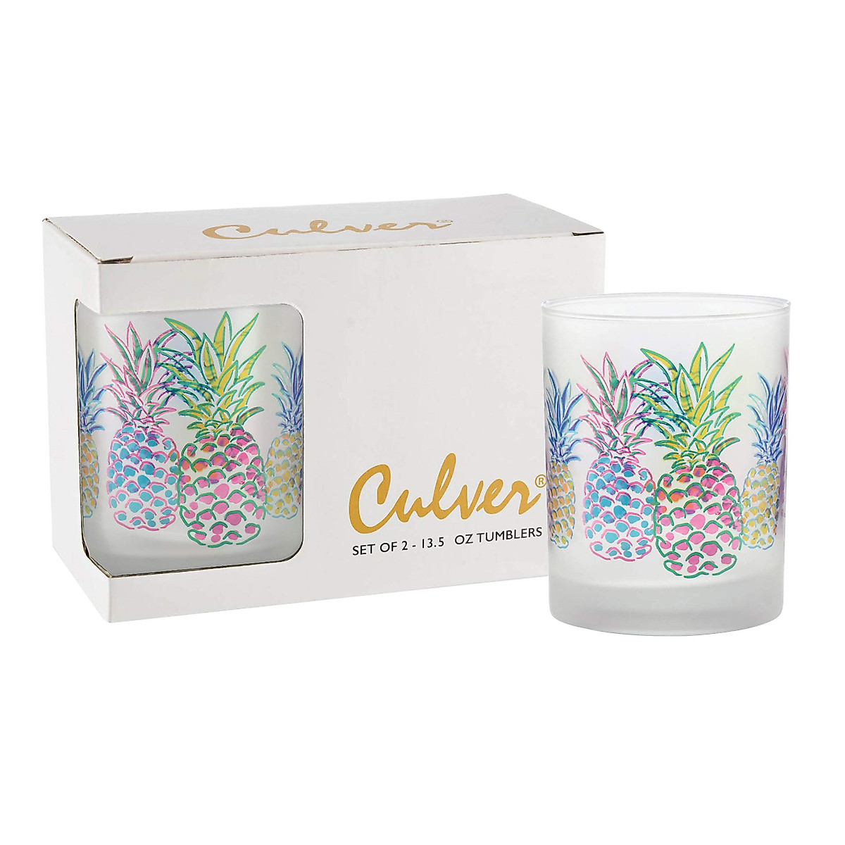 Culver Tropical Decorated Frosted Double Old Fashioned Tumbler Glasses, 13.5-Ounce, Gift Boxed Set of 2 (Pop Art Pineapples)