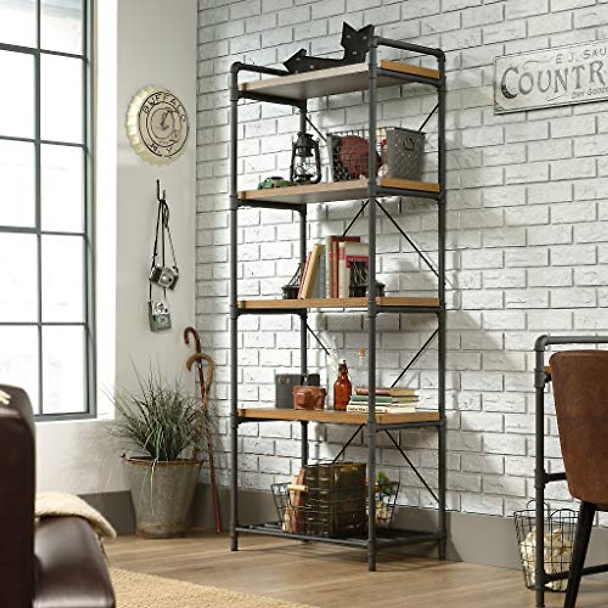 Sauder Iron City Tall Bookcase/Book Shelf, Checked Oak Finish