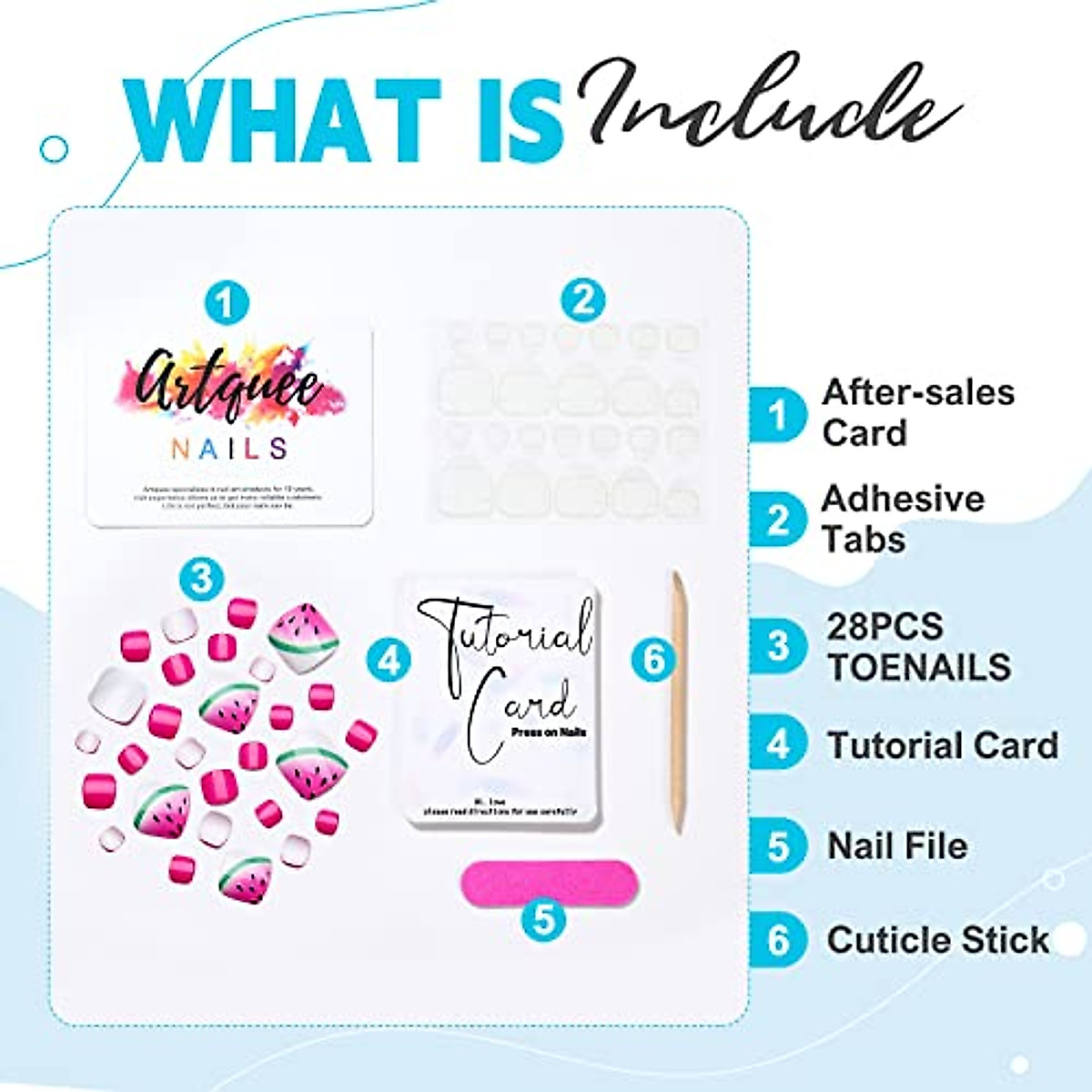 Artquee 28pcs Hot Pink Press on Toenails Short with Watermelon Design Fake Toes Nails Square Glossy Full Cover False Toe Nails Kit for Women in 14 Sizes