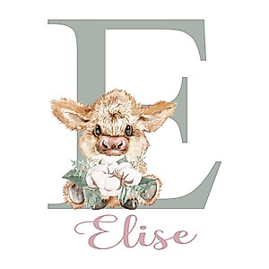 Personalized Watercolor Highland Cow Sage Green and Dusty Rose Rustic Cotton Farmhouse Baby Nursery Unframed Print