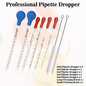 6Pcs Glass Pipettes Dropper, 1ml 2ml 3ml 5ml 10ml Graduated Liquid Dropper, with Rubber Bulb and Cleaning Brush, Transfer Pipettes for Essential Oil