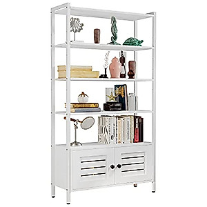 IRONCK Bookshelf and Bookcase with 2 Louvered Doors and 4 Shelves, Standing Storage Cabinet for Living Room, Home Office, Bedroom, Washroom, White